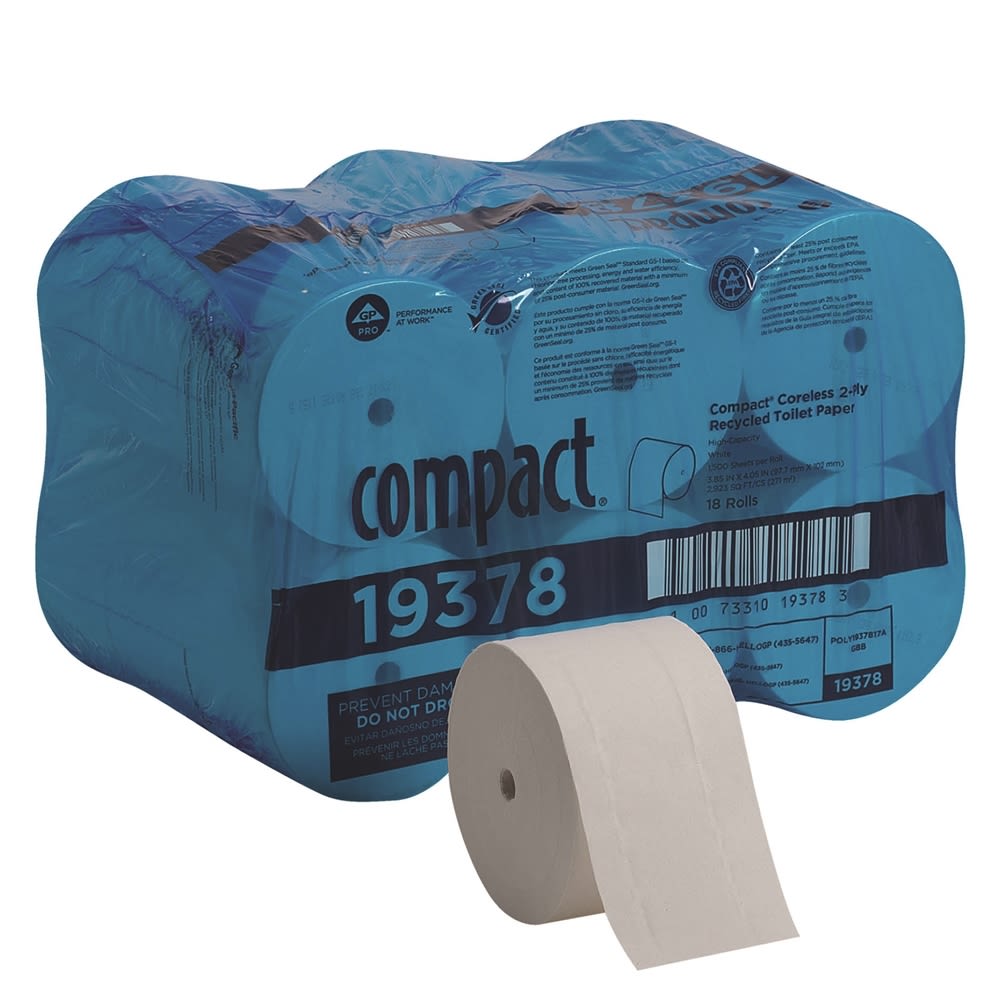 GuestSupply US | Compact® Coreless 2-Ply Recycled Toilet Paper, 1500 Sheets Per Roll